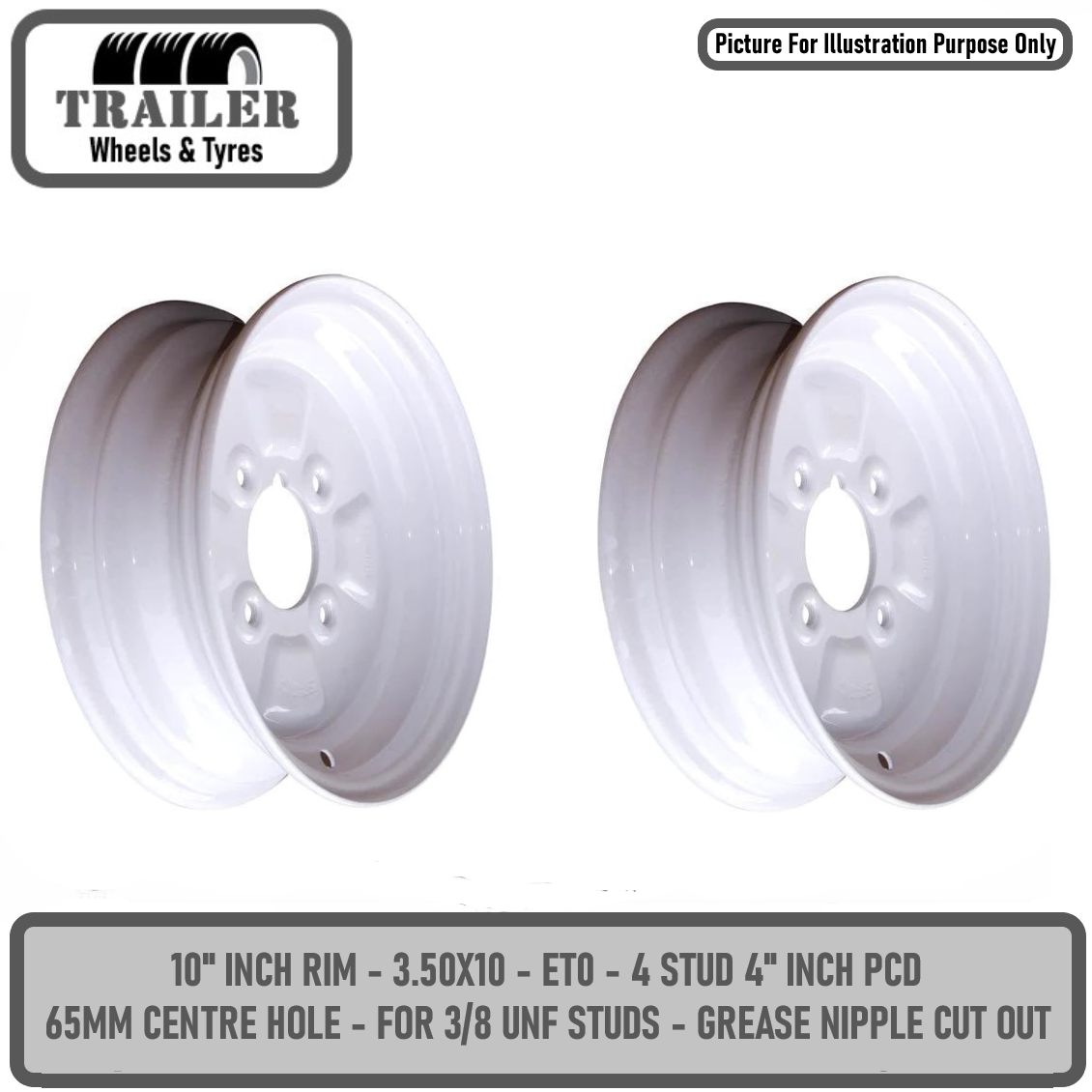 Trailer 10 Inch Wheel Rim 3.50x10 - 4x4 Inch PCD M10 Studs 65mm Centre ...