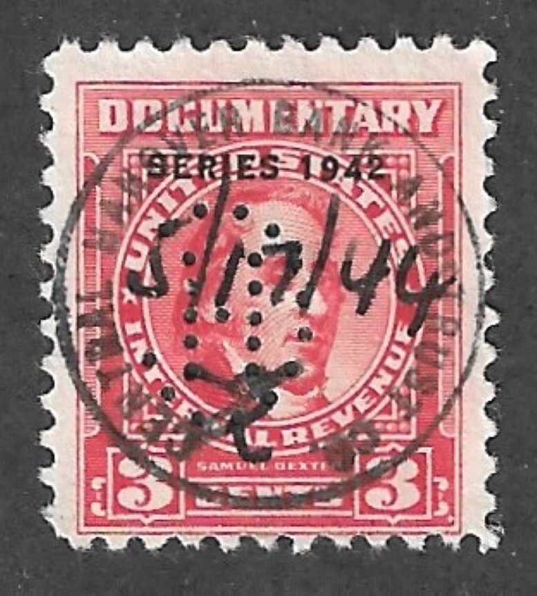 U. S. Revenue ~ R338 ~ Series of 1942 ~ 3c Red ~ DOCUMENTARY ~ SOTN c.d ...