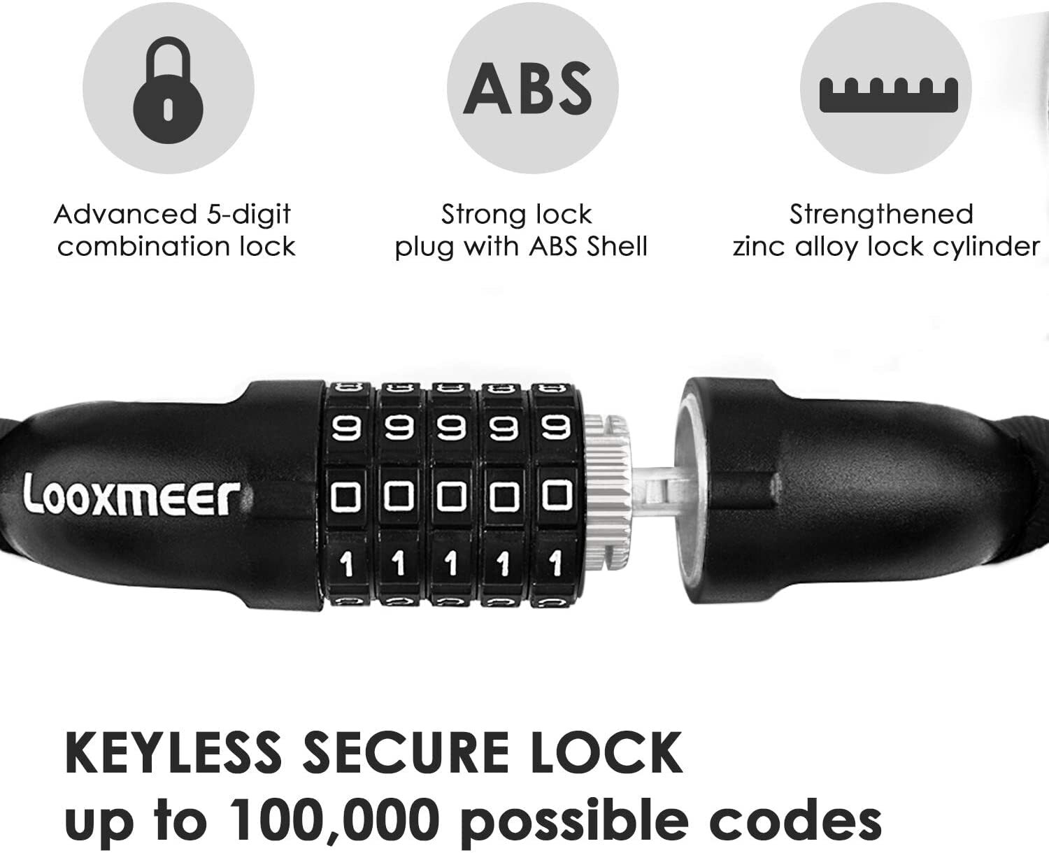 Looxmeer® Bike Lock Heavy Duty High Security 90cm 5-Digit Combination ...