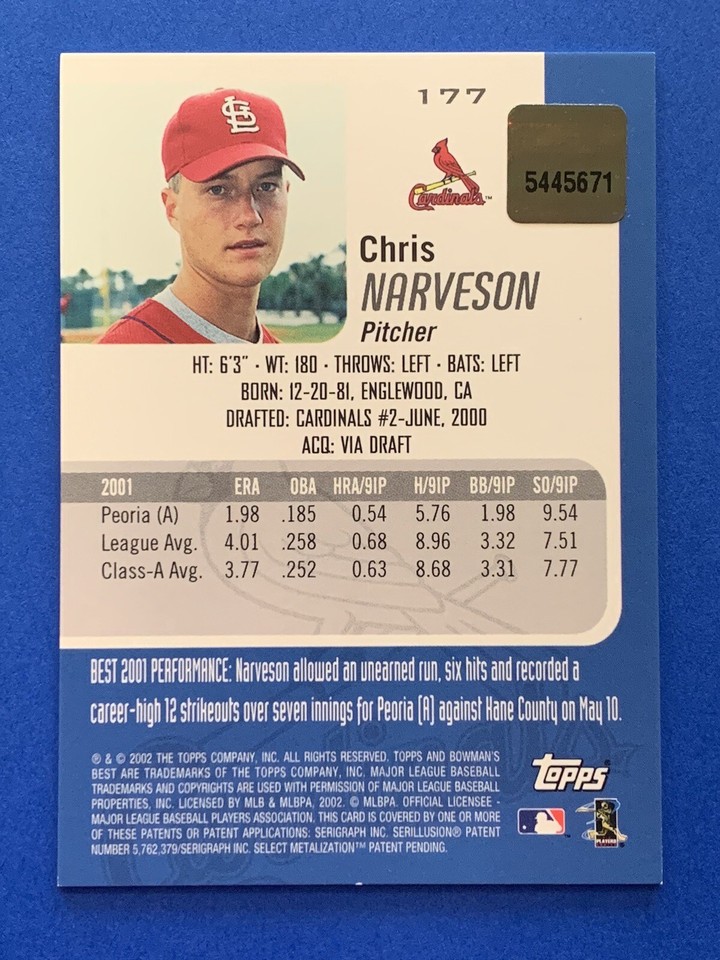 CHRIS NARVESON Signed RC 2002 Bowman’s Best #177 CARDINALS-BREWER ...
