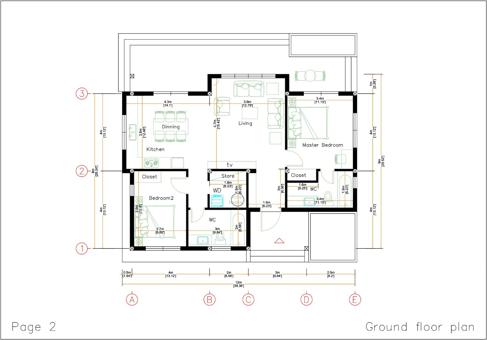 House Plan 12x9 Meter 40x30 Feet 2 Beds 2 Baths Hip Roof PDF Plan (A4 ...