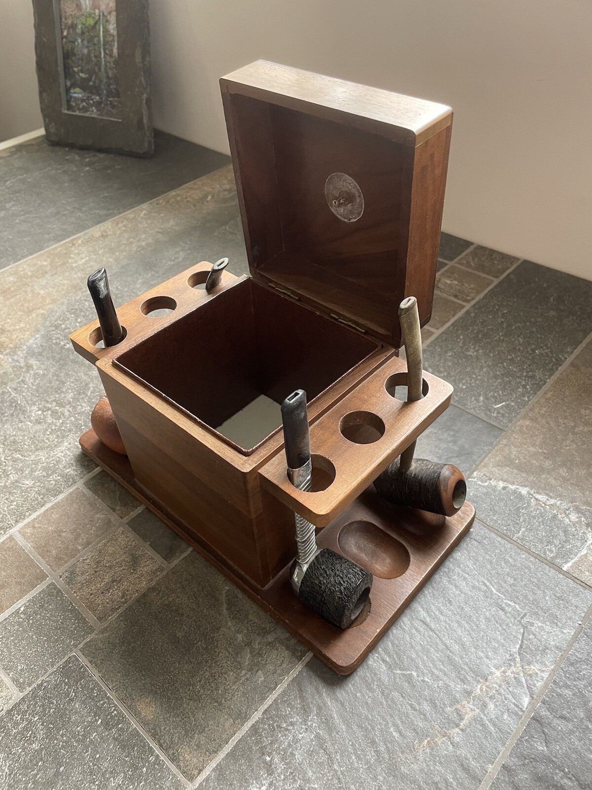 Vintage Decatur Industries Walnut 6-slot Pipe Rack /trinket/stash box w ...