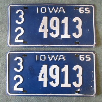 Antique 1965 Iowa License Plate Matched PAIR YOM Plates County 32 ...