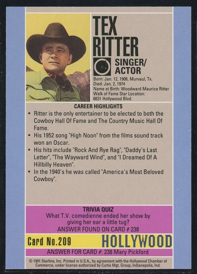 1991 Starline Hollywood Tex Ritter Singer/Actor #209 | eBay