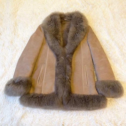 Sheepskin Shearling Mouton Coat Beige Fur Trim Made in Spain Women’s M ...