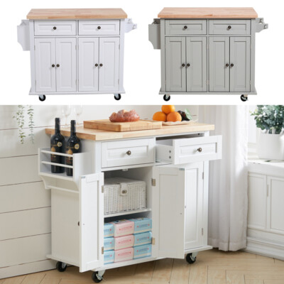 90cm Large Kitchen Trolley Utility Cabinet Cart w/ Wine Rack & 2 ...