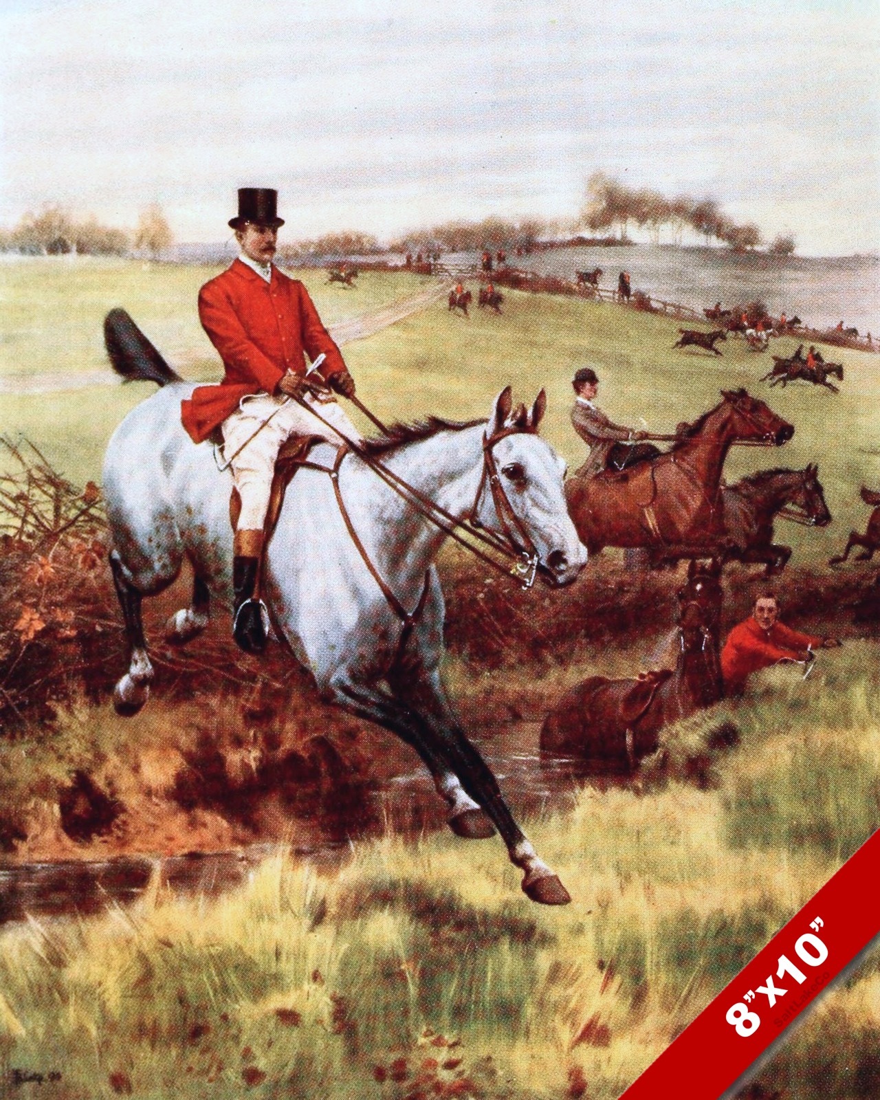 A PERFECT JUMP FOX HUNT HORSE EQUESTRIAN HUNTING ART PAINTING CANVAS ...