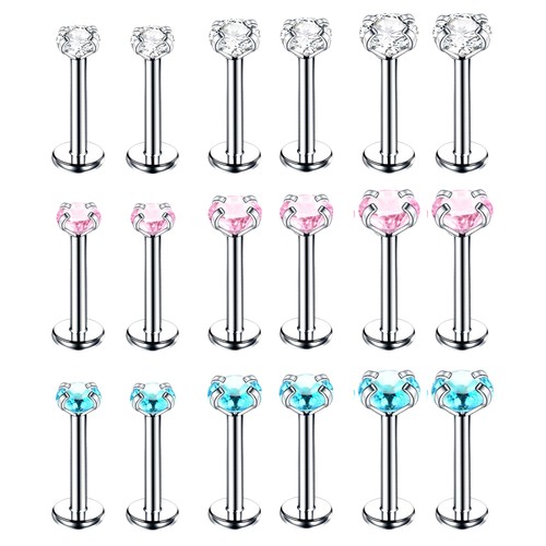 2X 3/4/5mm Zircon Internally Threaded Labret Ring Monroe Lip 6-12mm Bar ...