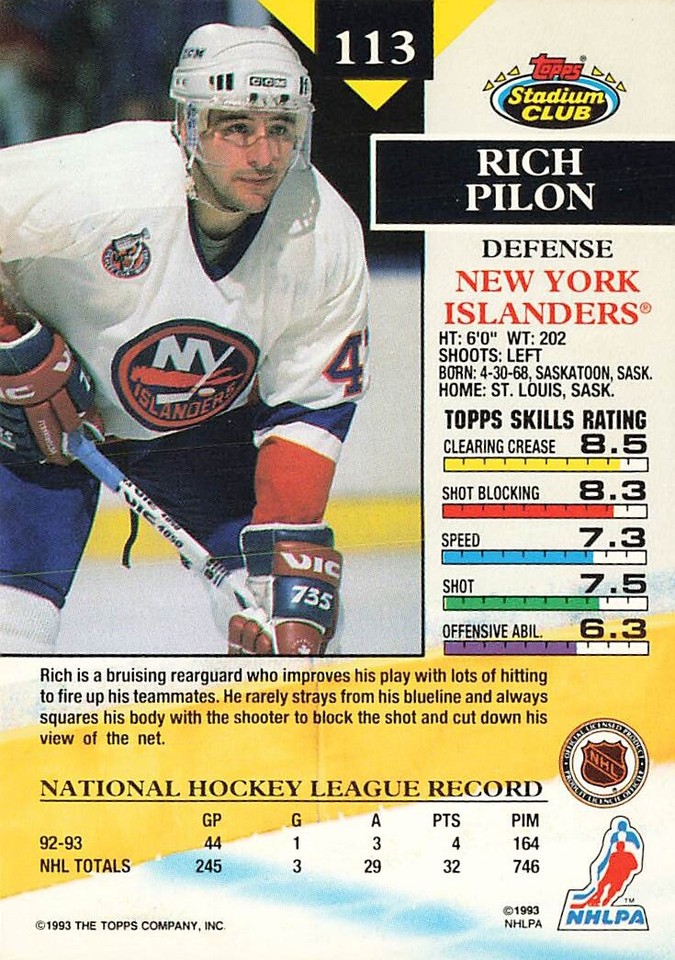 1993 Stadium Club #113 Rich Pilon New York Islanders | eBay