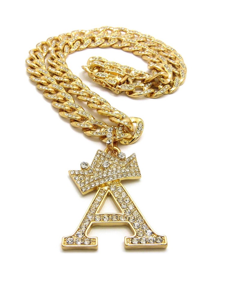 Hip Hop Initial A Pendant & Iced 10mm 18" Cuban Choker Chain Fashion ...