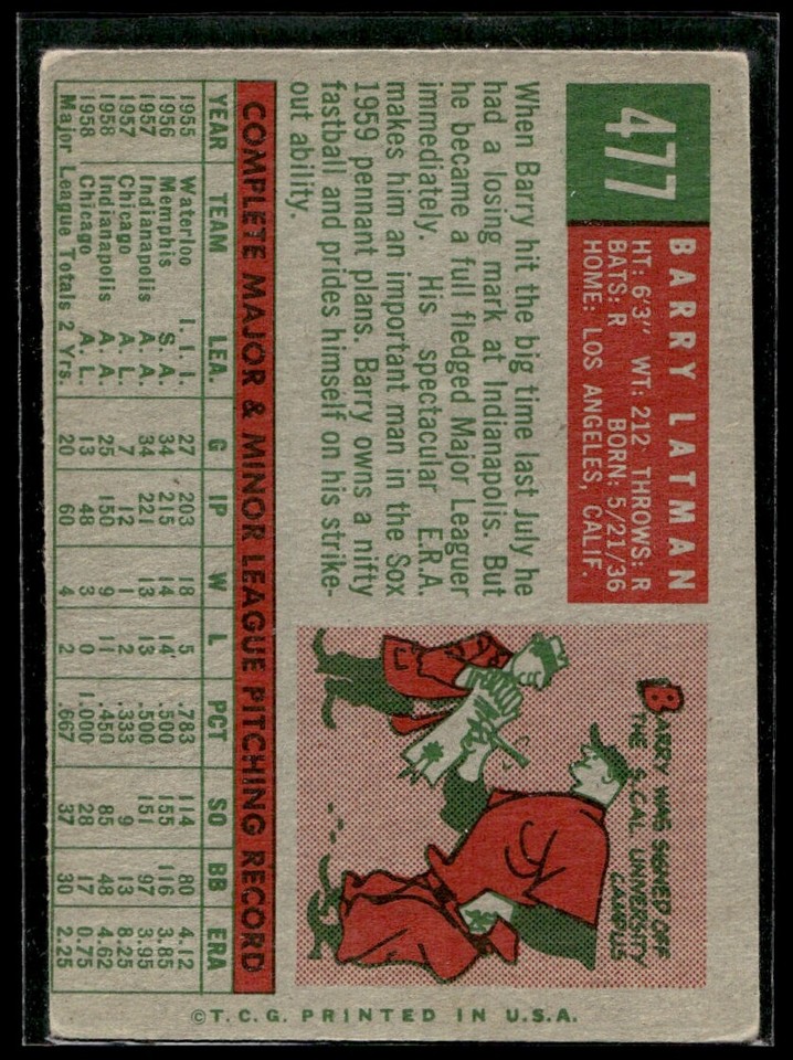 1959 TOPPS BARRY LATMAN 477 VG-EX RC BASEBALL CHICAGO WHITE SOX | eBay