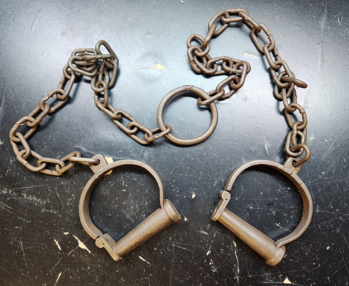 Handcuffs Shackles Chains In Pipe Shape Old Rust Pair Prison Vintage