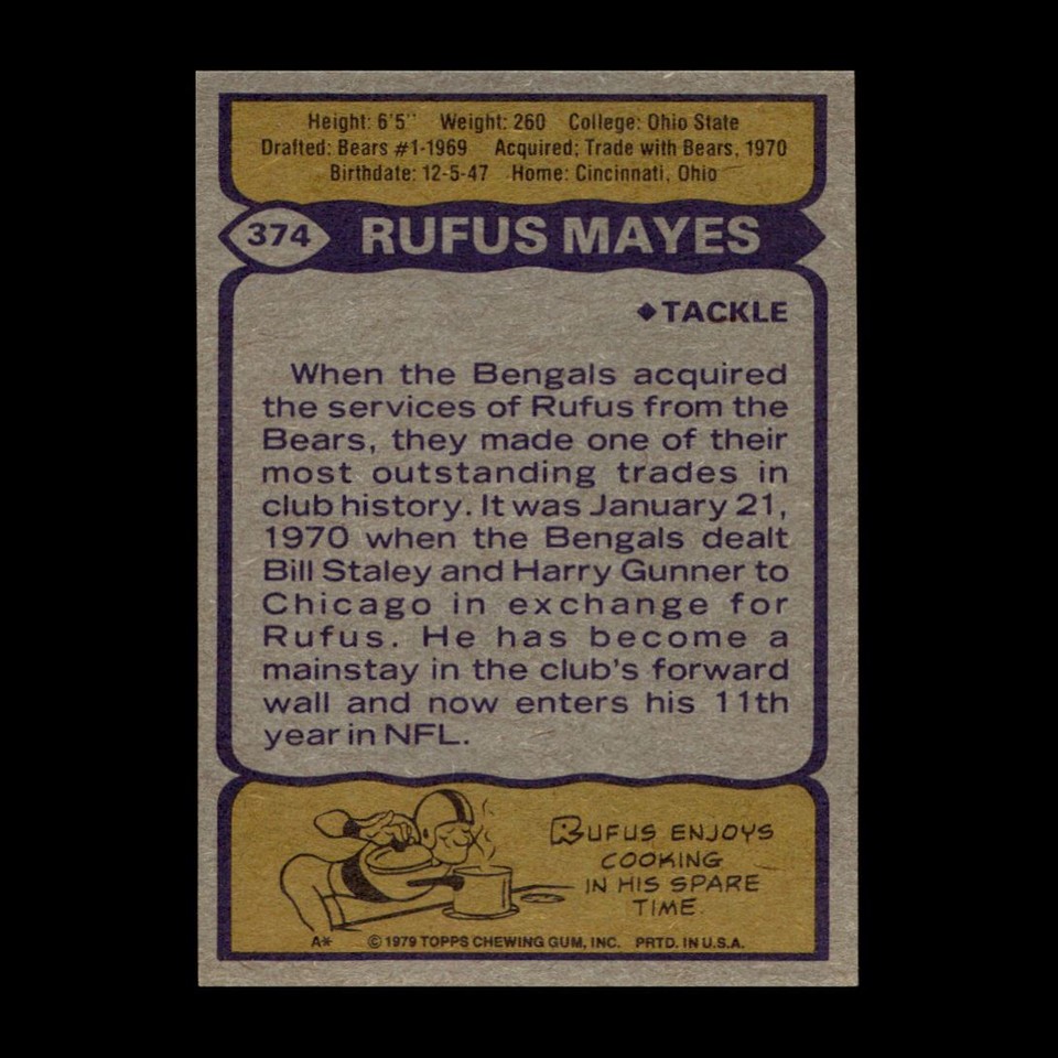 Rufus Mayes 1979 Topps Cincinnati Bengals #374 R311A 3 | eBay