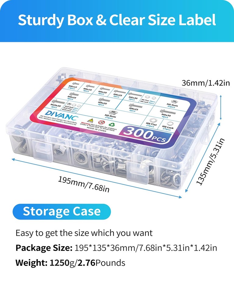 300Pcs Metric Flange Bolts Assortment, M6 M8 M10 Flange Hex Bolts and ...