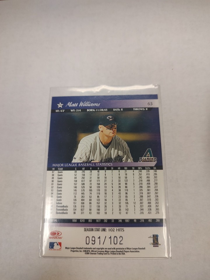 2001 Donruss 20th Anniversary Season Stat Line Matt Williams #63 /102 ...