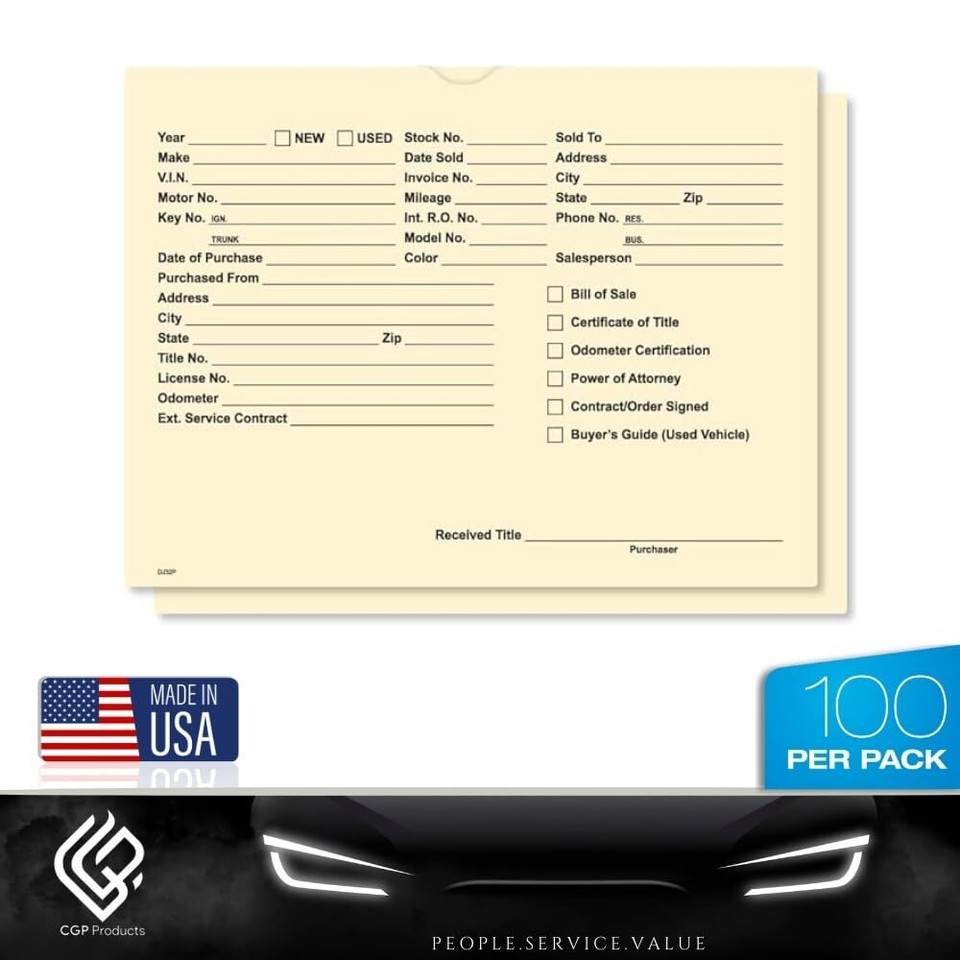 Printed Vehicle Deal Jackets Envelopes Folders for Auto Car Dealerships ...