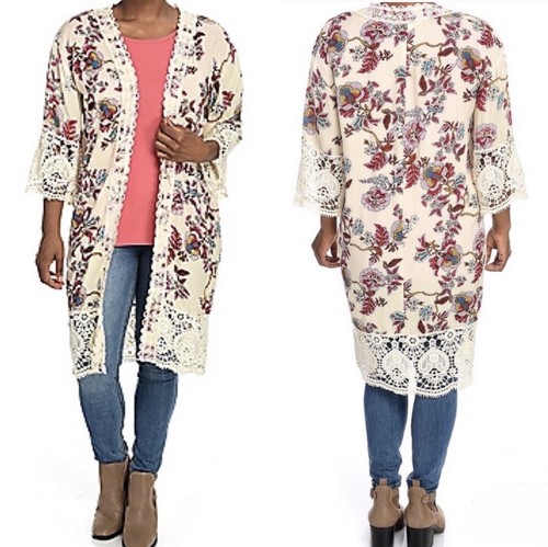 Indigo Thread Co. Open Front Crochet Lace Trimmed Duster Cardigan Sz M ...