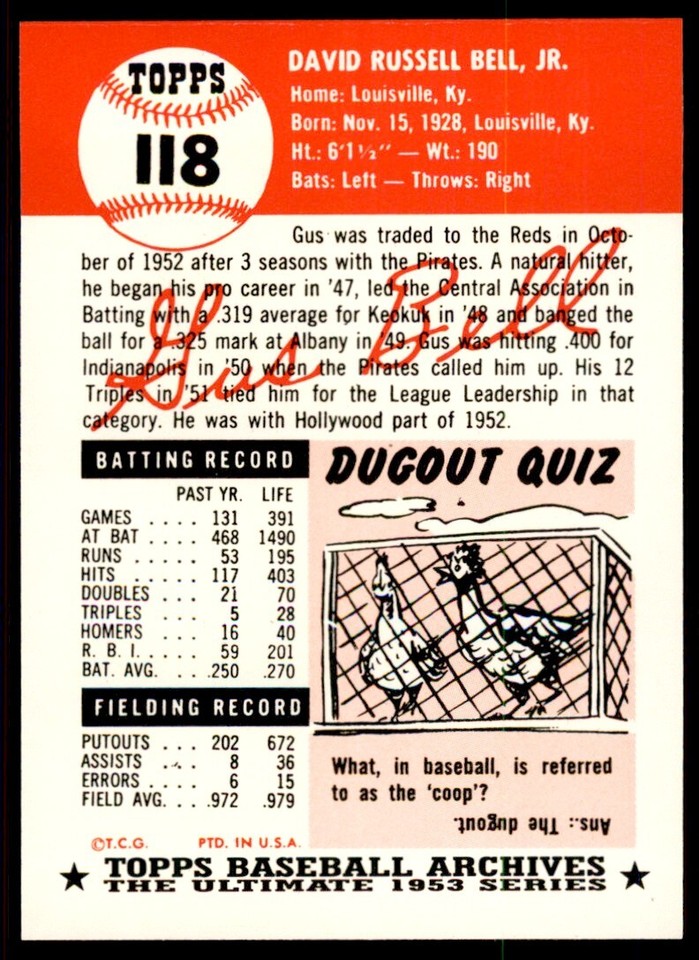 1991 Topps Archives 1953 Gus Bell . Cincinnati Reds #118 | eBay