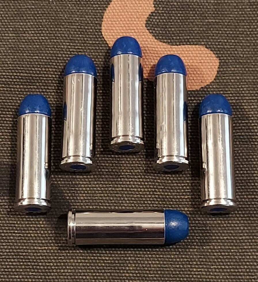 45 LONG COLT SNAP CAPS SET OF 6, BLUE AND NICKEL, REAL WEIGHT!!! 45LC ...