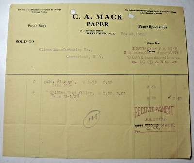May 28, 1912 C.A. Mack Paper, Invoice Sent to Company in Castorland, N ...