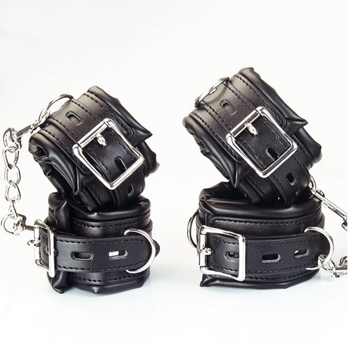 SM Lockable Black Adjustable PU Leather Padded Handcuffs Ankle Cuffs ...