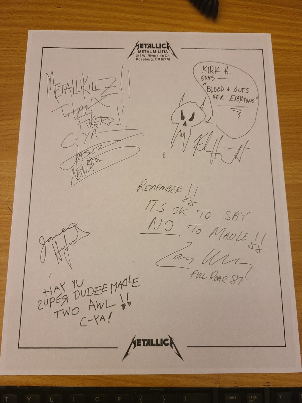 Metallica Photocopy Of Old Fan Club Autographed Print | eBay
