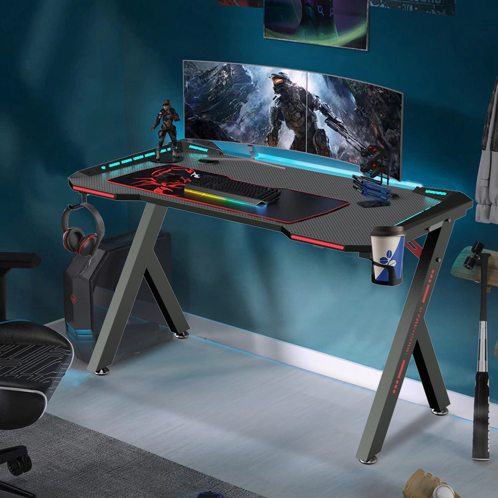 XXL Gaming Desk RGB LED Computer Racing Table Carbon Fiber PC Gamer ...