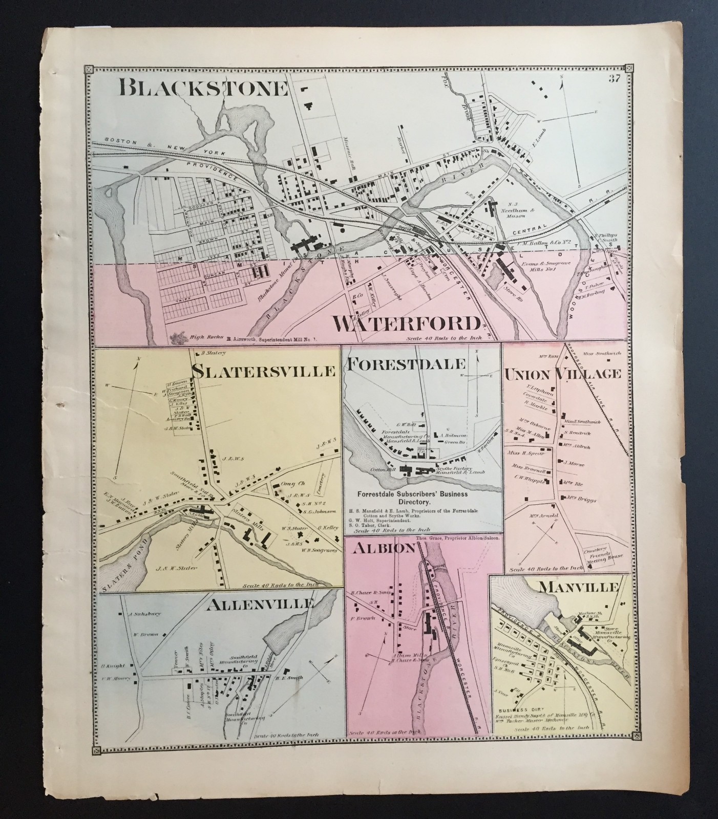 Slatersville, Waterford and Manville, Rhode Island 1870 Map | eBay