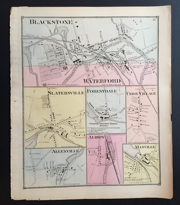 Slatersville, Waterford and Manville, Rhode Island 1870 Map | eBay
