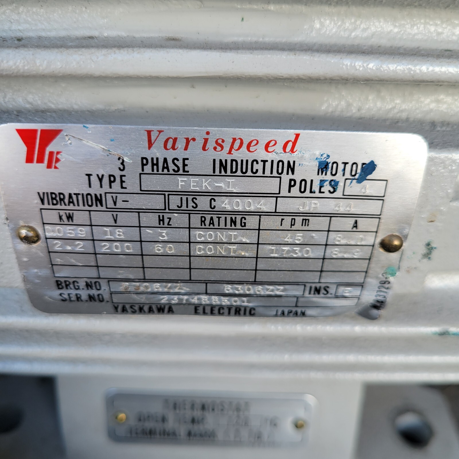 YASKAWA FEK-I 2.2kW 2.95hp VARISPEED INDUCTION MOTOR 200V/18V 3PH 4P ...