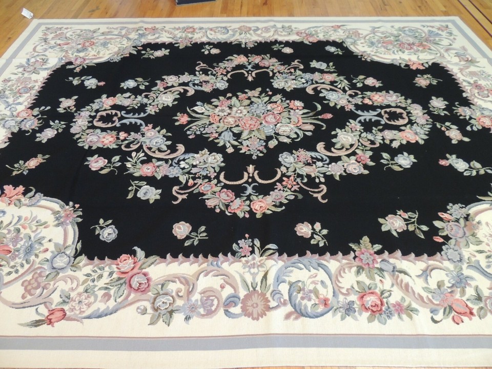 9x12 French Aubusson Needlepoint Oriental Area Rug Ivory Black Blue ...