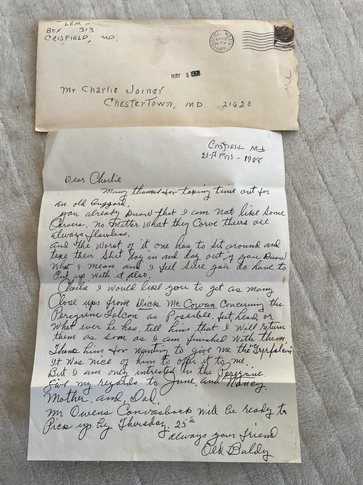 1968 CHARLIE JOINER L T LEM WARD BROS LETTER LETTERHEAD DUCK DECOY ...