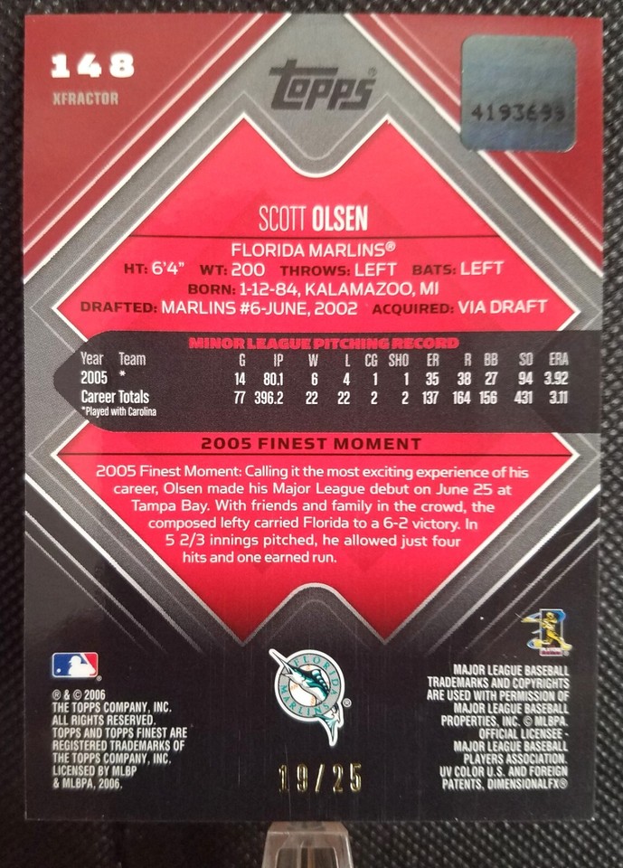 2006 Topps Finest Scott Olsen Black XFractor Rookie Autograph #'d 19/25 ...