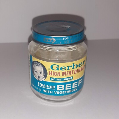 Vintage 70s Gerber Baby Food Jar High Meat Dinner Strained BEEF w ...