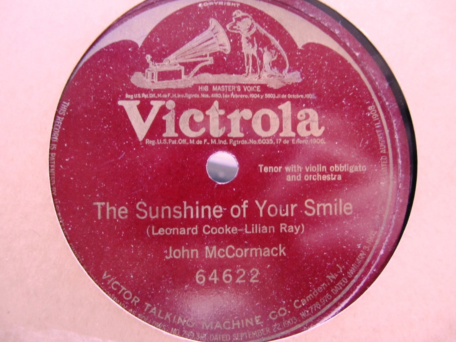 1914 John McCormack Irish Lilian Roy THE SUNSHINE OF YOUR SMILE VICTOR ...