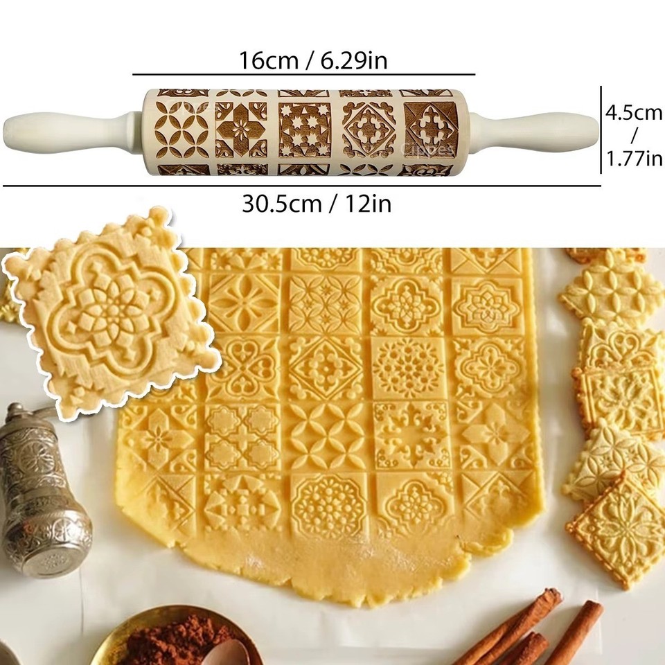 3D Embossing Rolling Pin Wooden Dough Roller Cookies Flower Pattern ...