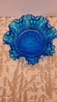 Vintage Fenton Blue Ruffled Thumbprint Glass Bowl Excellent! | eBay