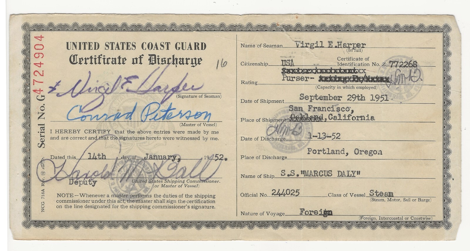 1951 United States Coast Guard certificate of discharge, SS Marcus Daly ...