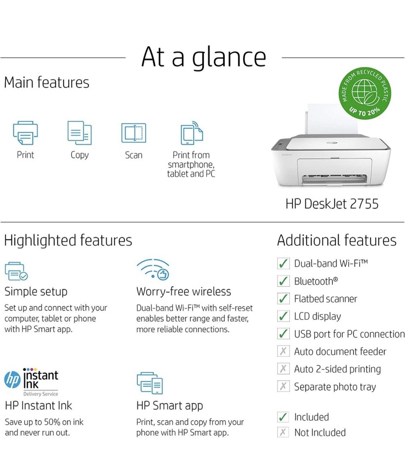HP DeskJet 2755 All in One Color Inkjet Desktop Printer 3XV17A ...
