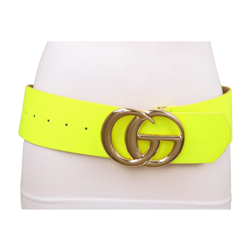 Women Bright Neon Yellow Wide Faux Leather Belt Gold Metal Circle ...