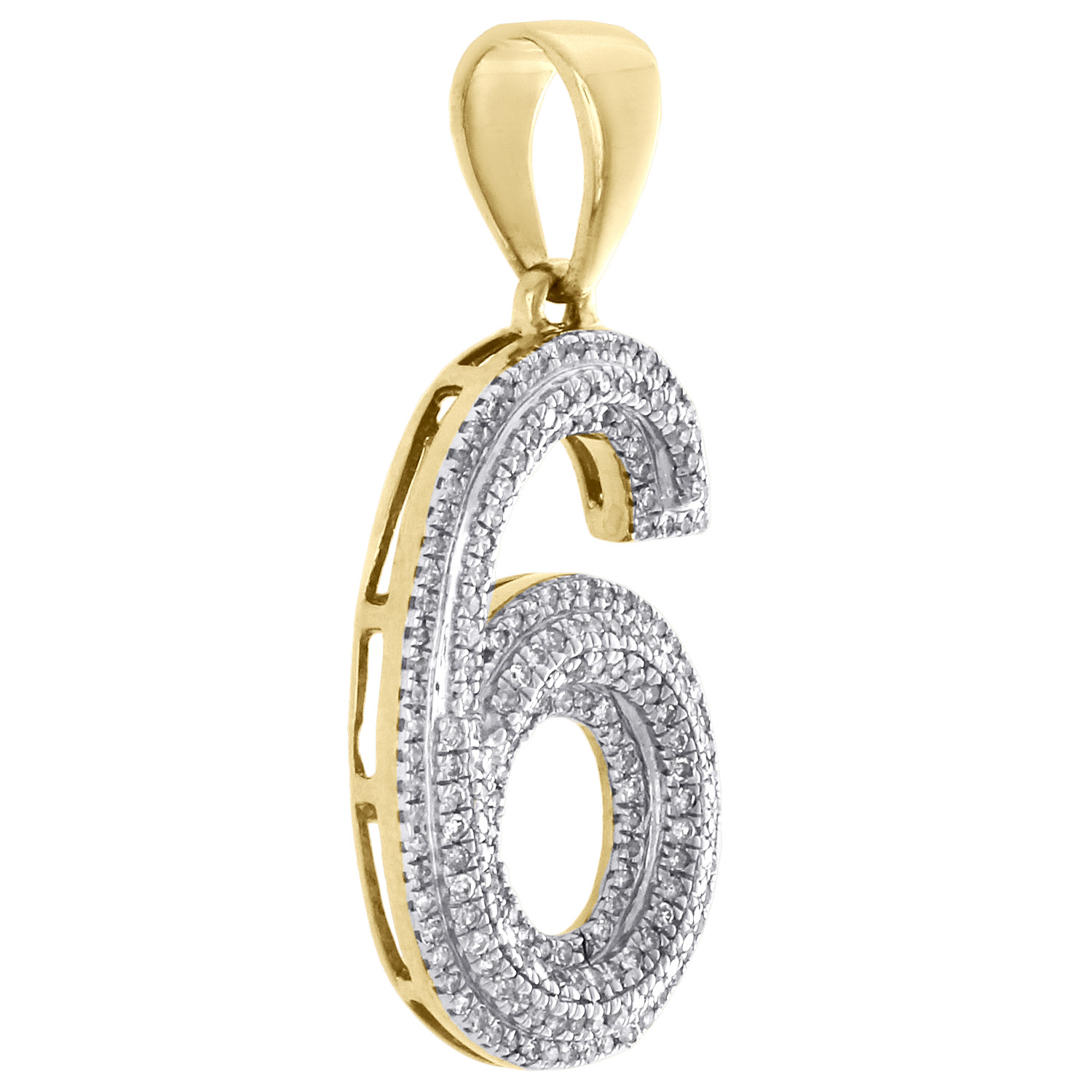 10K Yellow Gold Round Diamond Number 6 Bubble Pendant Pave Dome Charm 0 ...