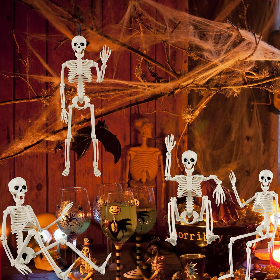 16" Posable Small Halloween Skeleton Decor 5 Pack with 12 Bats - Full ...