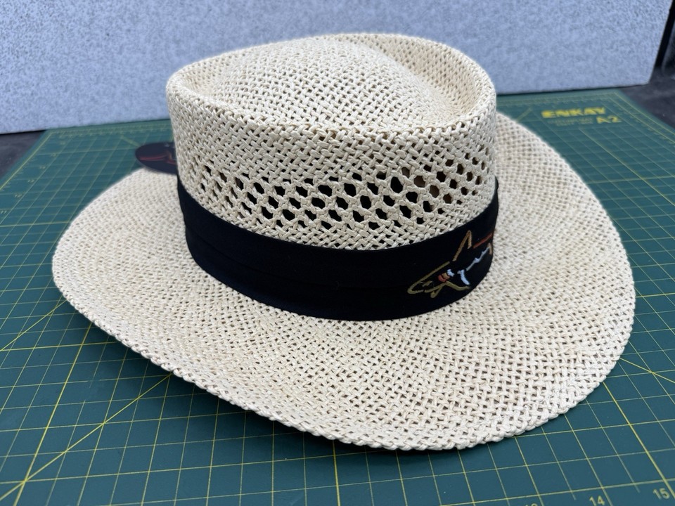 Greg Norman Signature Straw Hat w/ Embroidered Shark Logo Black Band ...