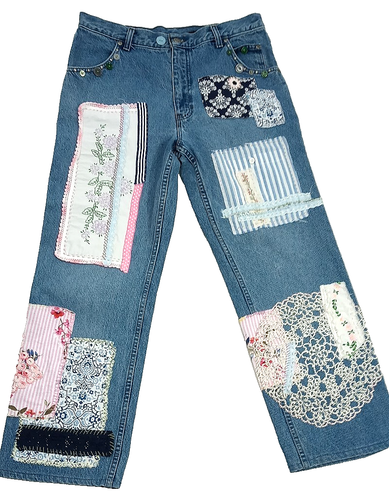 Handmade Upcycled Patchwork Jeans Women's 14 32-34 Reworked OOAK BOHO ...