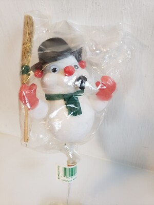 Vintage Flocked Snow Man Floral Pick 4" Broom Hat Pipe Scarf Reliance ...
