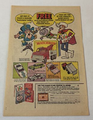 1969 MATCHBOX Quaker Cereal premiums ad page ~ Quisp, Quake, Cap'n ...