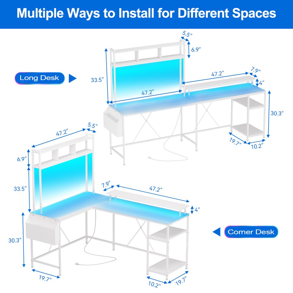 Storage Shelves L Shaped LED Computer Gaming Desk PC Corner Office ...