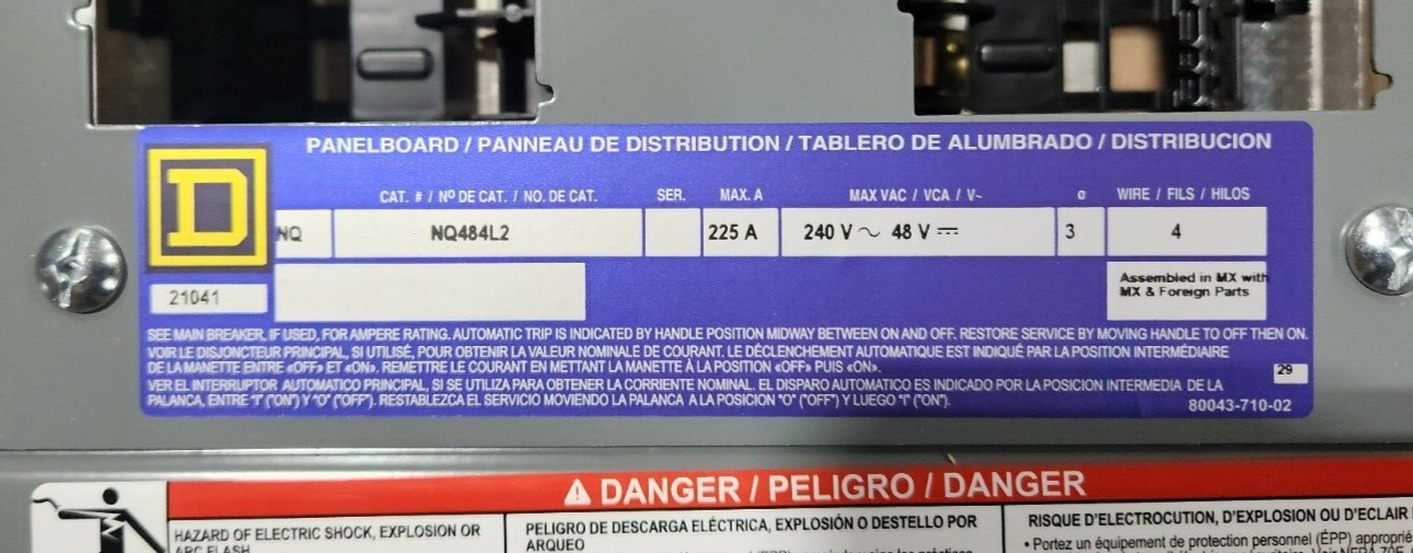 Square D NQ484L2 Panelboard Interior 225 A Main Lugs - 240V 84 Circuit ...