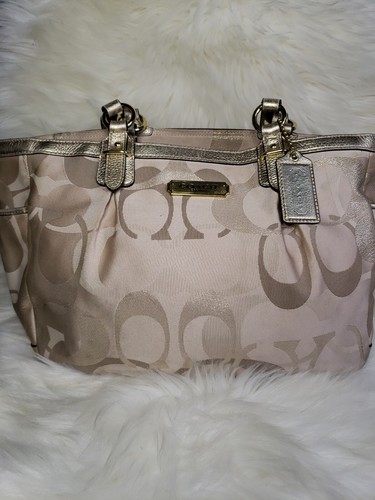 COACH Gold and Beige Signature "C" Logo Canvas Handbag - Gem