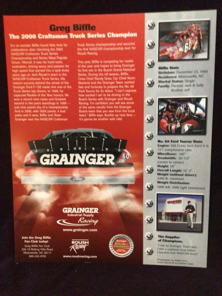 Greg Biffle NASCAR Racing Card Grainger Industrial Supply | eBay